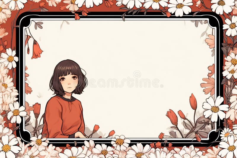 Anime Girl Surrounded by Flowers in a Frame Stock Illustration ...