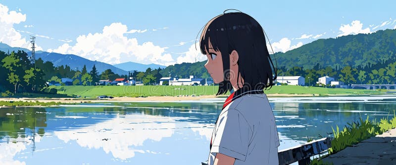 An Anime Girl Thinking about Life in Front of a Big River. Stock Image ...