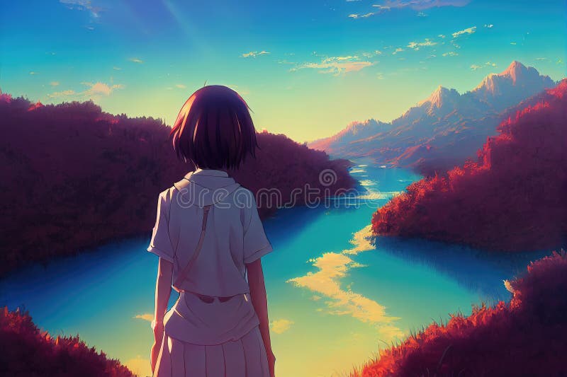 An Anime Girl Thinking about Life in Front of a Big River, Ai Generated ...