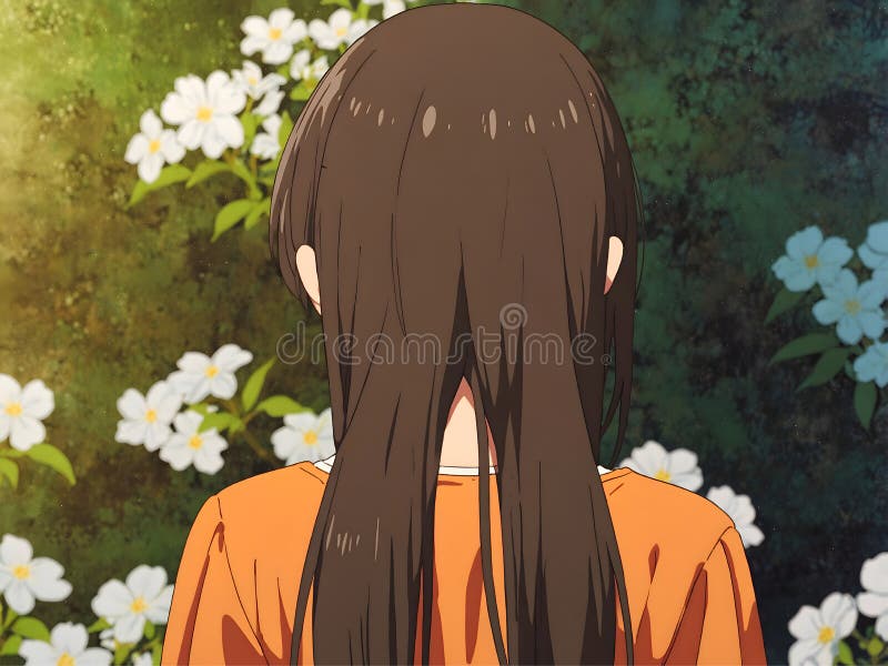 Anime Girl Turned Back with Blurred Flower Background Stock ...