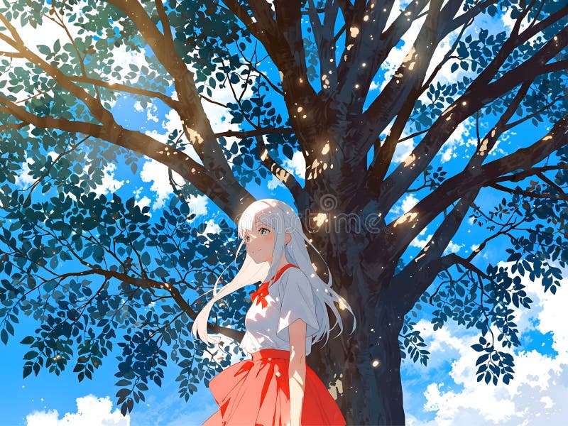 Anime Girl Under a Large Tree with Sunlight Streaming through Stock ...