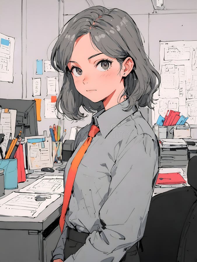 Anime Girl Working in Modern Office Setting Stock Illustration ...