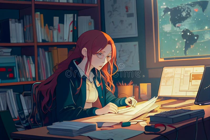 Anime Girl Working at the Table by the Light of a Lamp. Generative AI ...