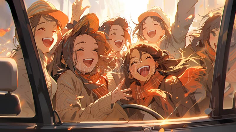 Anime Group Having a Trip in a Car Stock Illustration - Illustration of ...