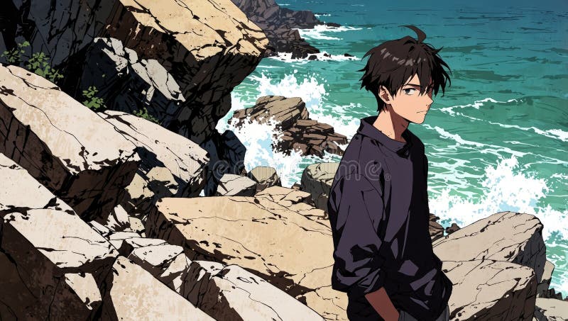 Anime Guy on a Background of Rocks and Sea, Anime Background. Stock ...