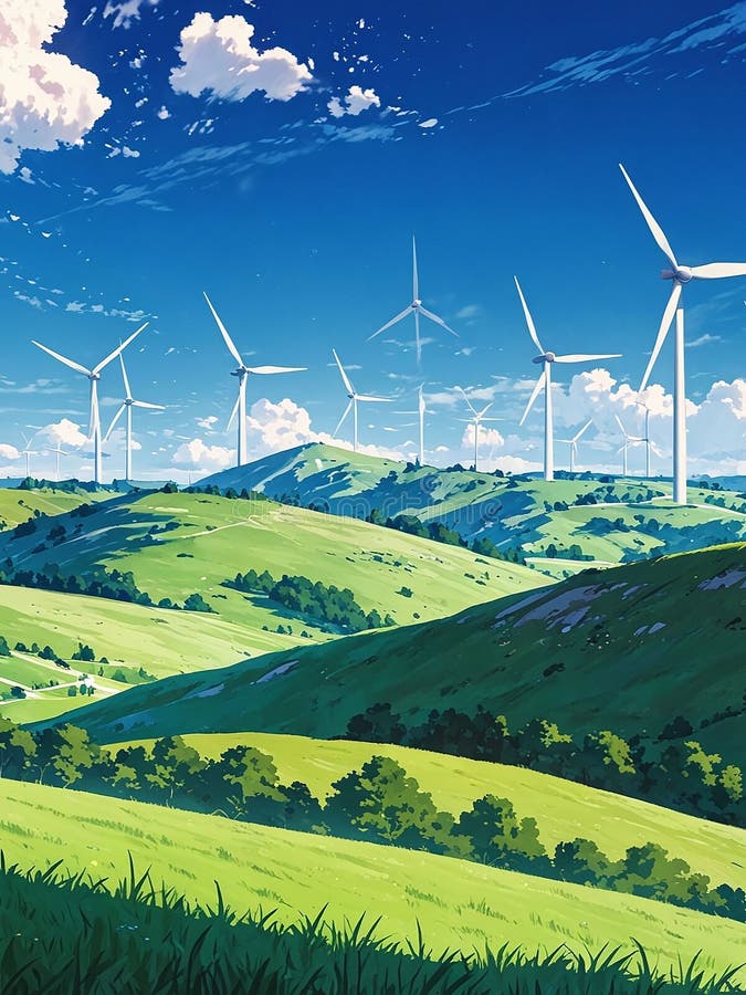 Anime Hillside with Multiple Wind Turbines Under a Bright Blue Sky on a ...