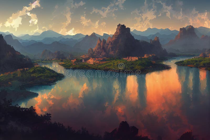 A Anime Illustration of a Big Mountain and a Big Lake, Ai Generated ...