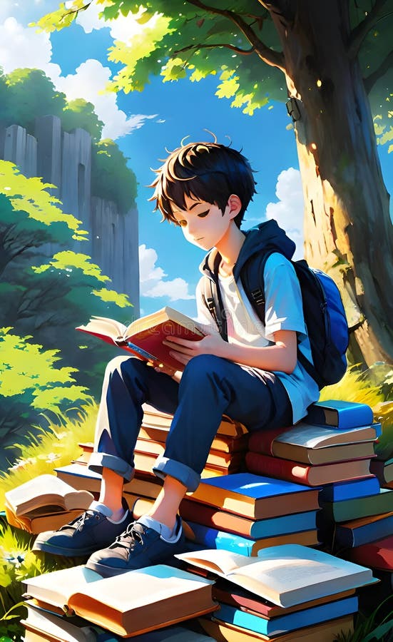 Anime Illustration of Boy Reading Books Under Tree in Nature Stock ...