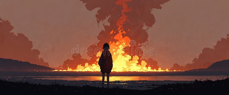 An Anime Illustration of a Person Standing in Front of a Big Burning ...
