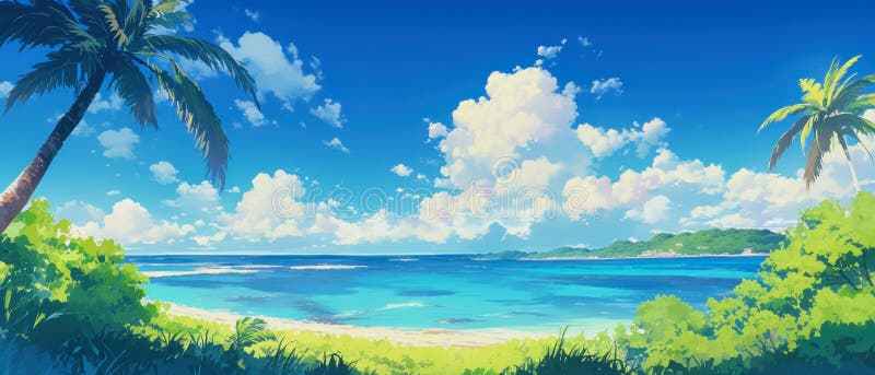 Anime Illustration with a Tropical Beach Background Stock Photo - Image ...