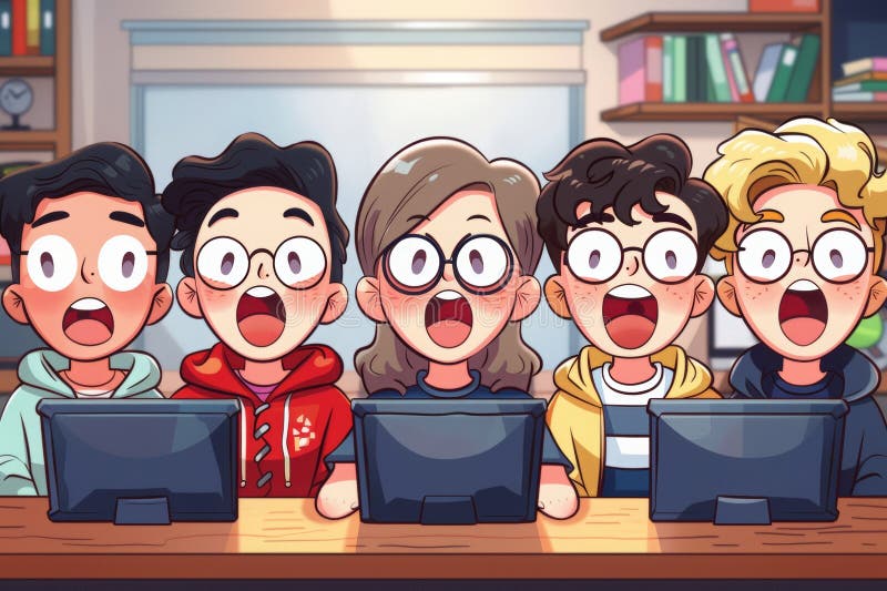 Anime Image of a Group of Five Friends Sitting in Front of Computer ...