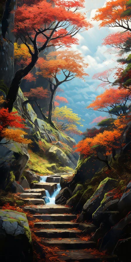 Anime-inspired Autumn Landscape with Peculiar Maple Tree Stock ...