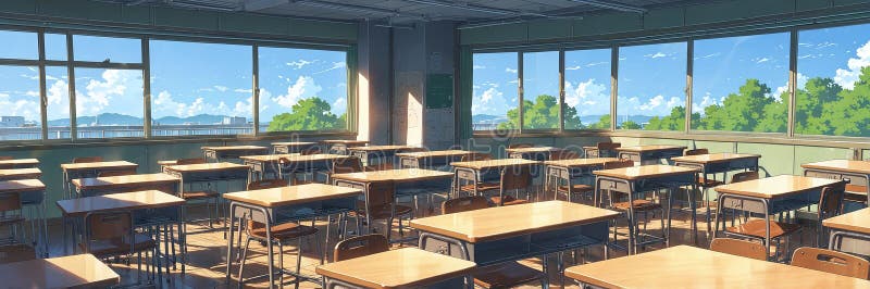 Anime-inspired Classroom with Empty Desks and Large Windows Stock ...