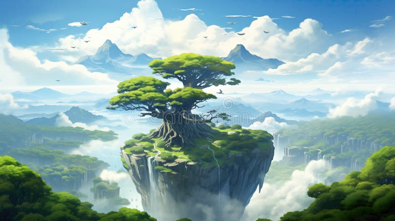 Anime Inspired Flying Tree in the Clouds, Wallpaper Stock Illustration ...