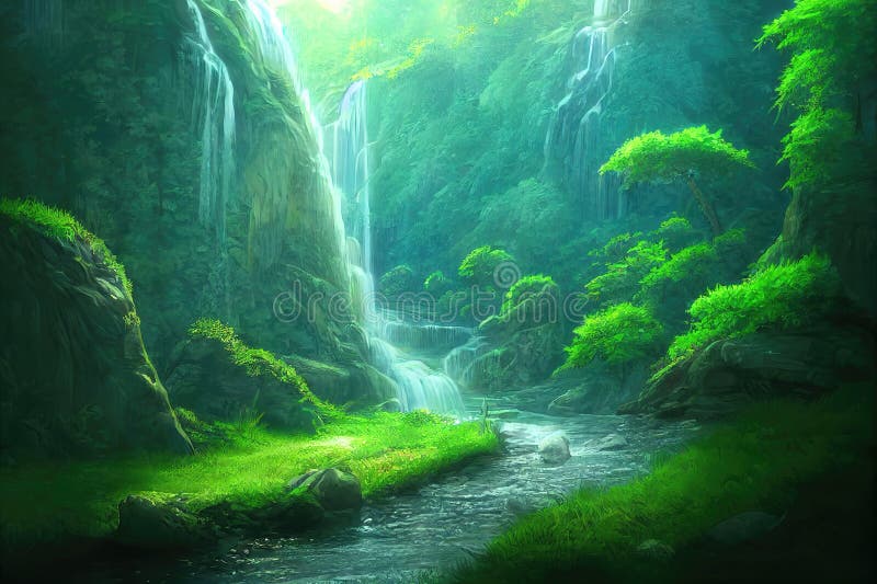 An Anime Inspired Rainforest Scene with a Waterfall and a Long Small ...