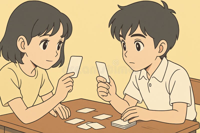 Anime Kids Engaged in Flashcard Learning Activity Stock Illustration ...
