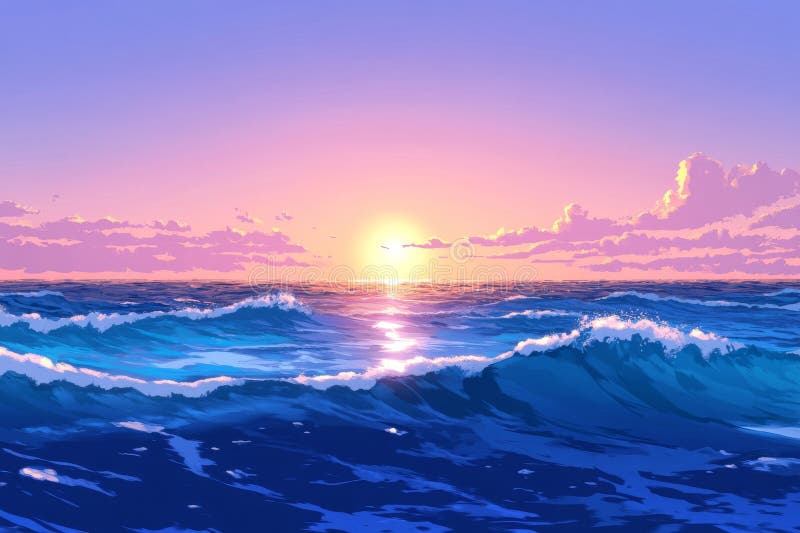The Anime Landscape is Depicted in an Illustration with Waves and Also ...