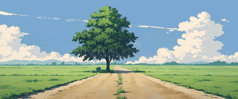 Anime Landscape with a Dirt Road and a Lone Tree. Stock Photo - Image ...