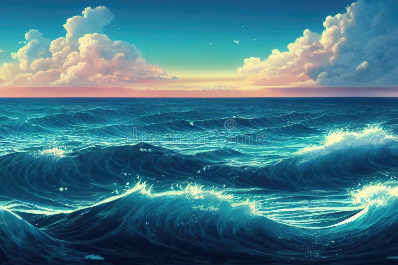 Anime Landscape Illustration with Waves, Shining Waves, Ai Generated ...