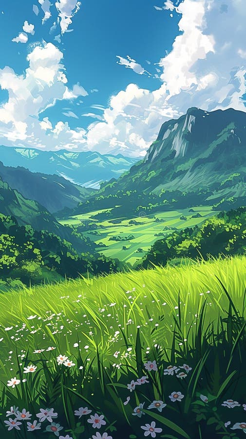Anime Landscape with Mountains and Flowers Stock Illustration ...