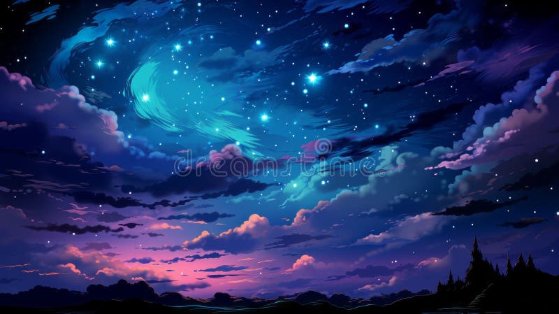 An Anime Landscape with Stars and Clouds in the Sky Stock Illustration ...