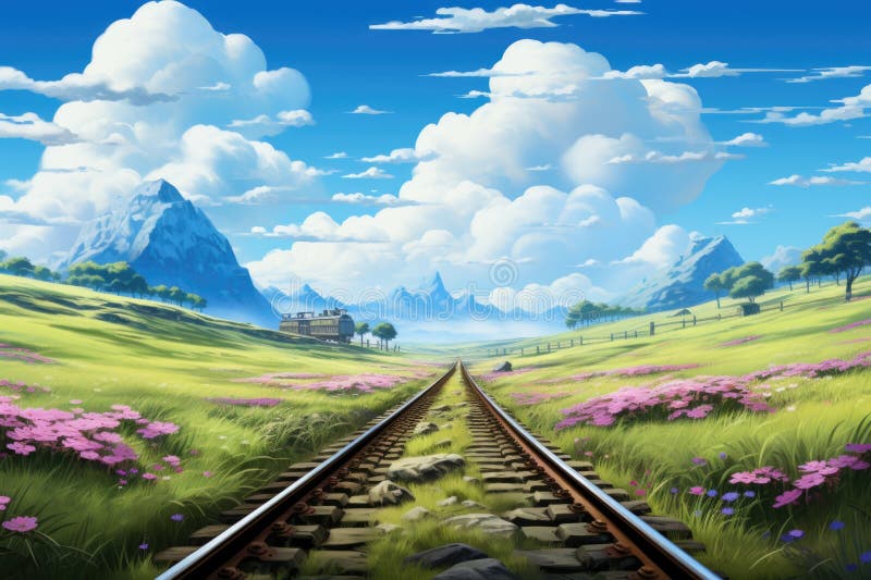 Anime Landscape with Train Tracks and Flowers, AI Stock Image - Image ...
