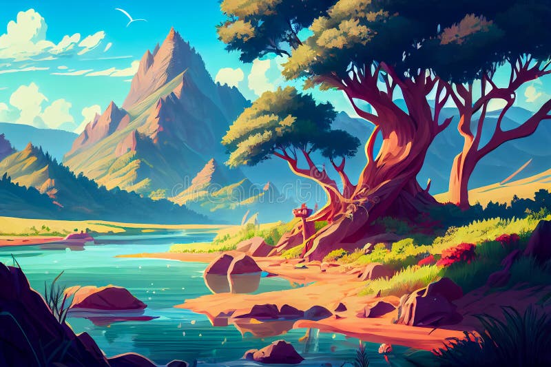 Anime Landscape Trees River and Mountains. Generative AI Stock ...