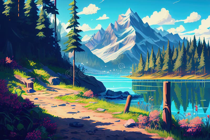 Anime Landscape Trees River and Mountains. Generative AI Stock ...
