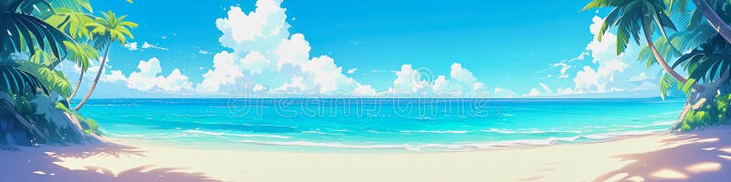 Banner Illustration of Anime Landscape with Tropical Beach, Anime Style ...