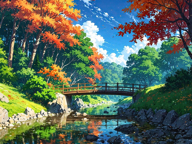 Anime Landscape View of a Bridge in the Forest with River and Blue Sky ...