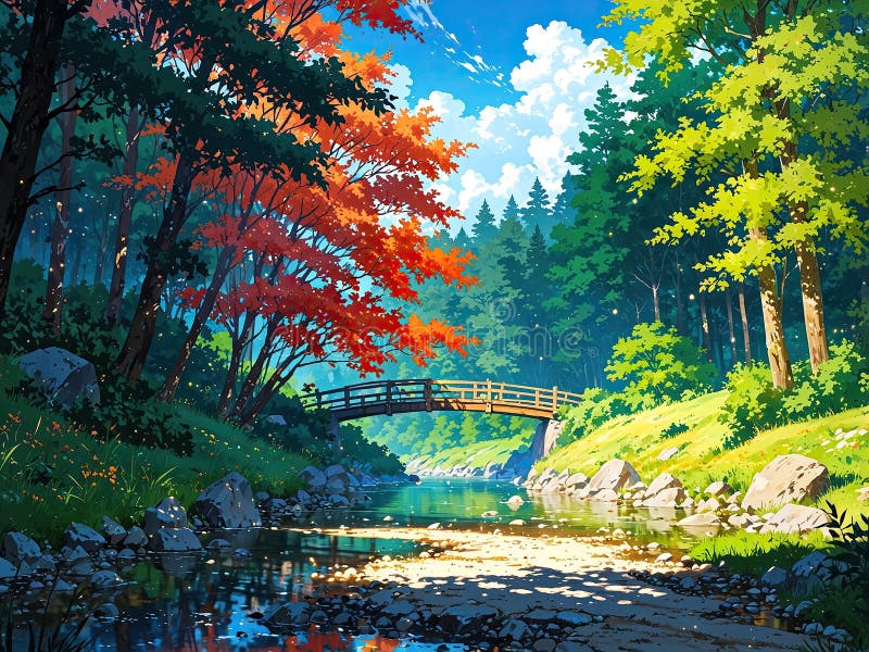 Anime Landscape View of a Bridge in the Forest with River and Blue Sky ...