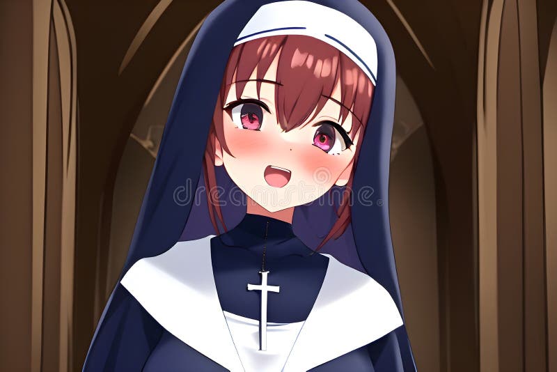 Joyful Anime Manga Girl In A Nun Outfit Standing In A Monastery