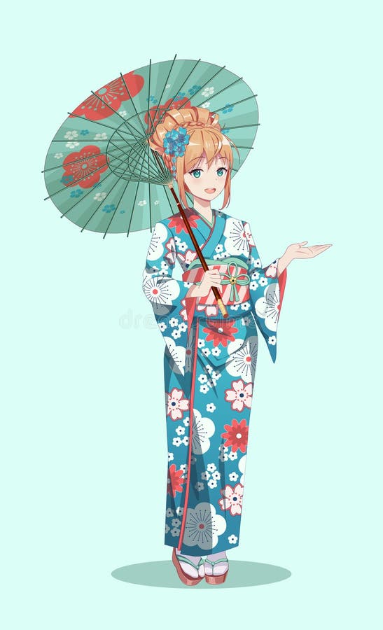 Anime Manga Girls In Kimono Holding Paper Umbrella Stock Vector