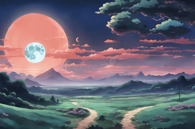 Anime Moon Landscape Cool Wallpaper Stock Illustration - Illustration ...