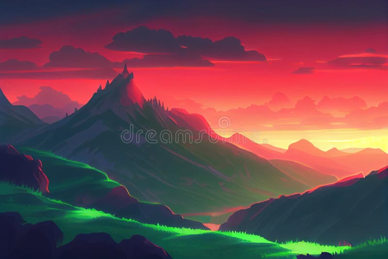 Anime Mountain Sunset View. Generative AI Stock Illustration ...