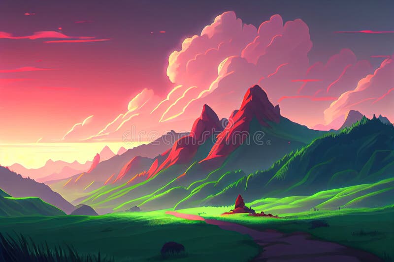Anime Mountain Sunset View. Generative AI Stock Illustration ...
