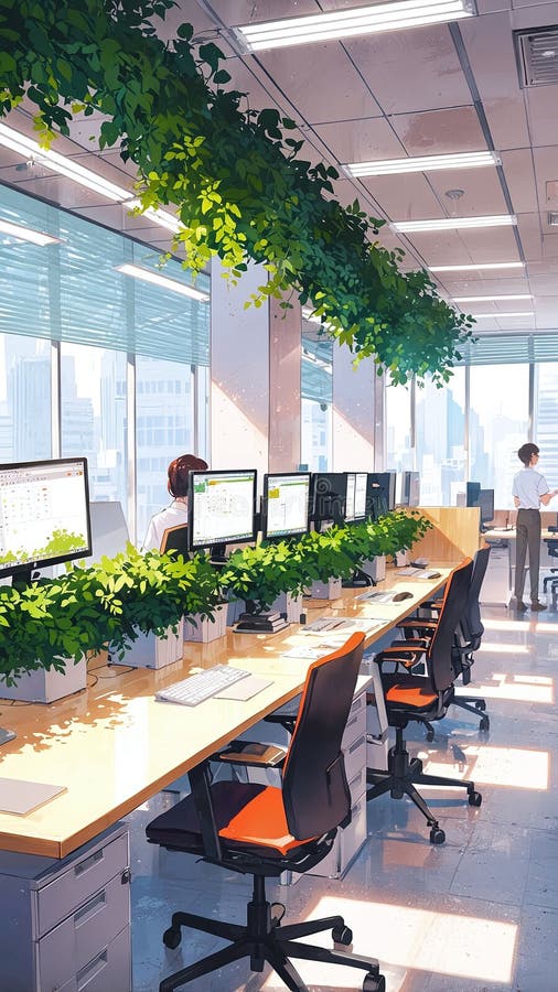 Anime Office Space with Ergonomic Chairs and Greenery for a Modern Feel ...