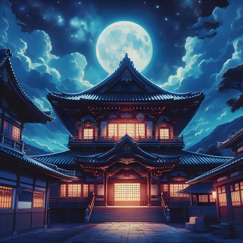 Anime house stock illustration. Illustration of moon - 344122496