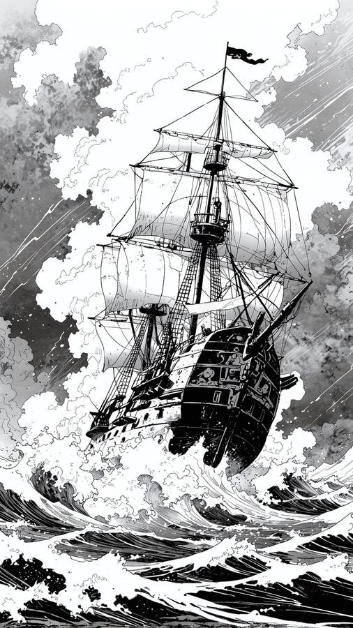 Anime Pirate Ship Sailing through Stormy Seas Coloring Page Stock ...