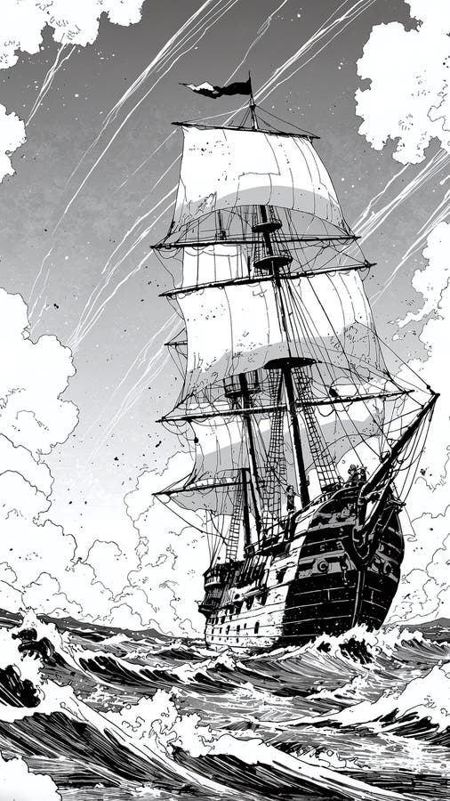 Anime Pirate Ship Sailing through Stormy Seas Coloring Page Stock ...