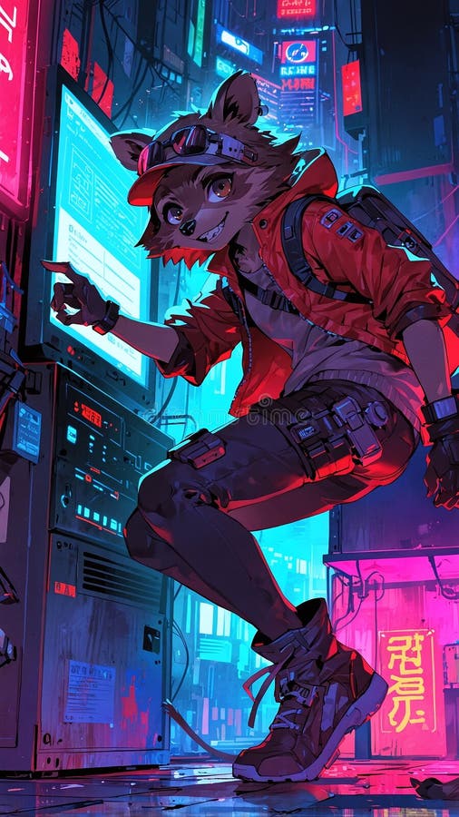 Anime Raccoon Hacker Breaking into a High-tech Security System in a ...