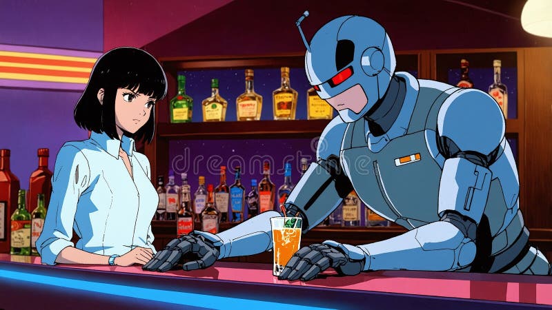 Anime Robot Bartender Serving Drinks in Neon-lit Retro-futuristic Bar ...