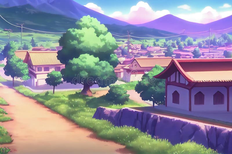 Anime Rural Highlands with Houses. Generative AI Stock Illustration ...
