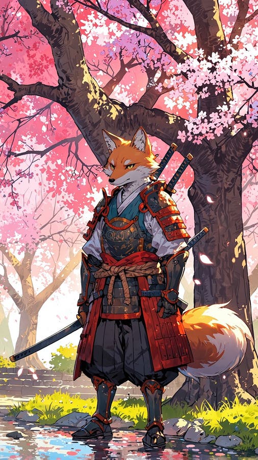 Anime Samurai Fox in Full Armor Standing Confidently Under Cherry ...