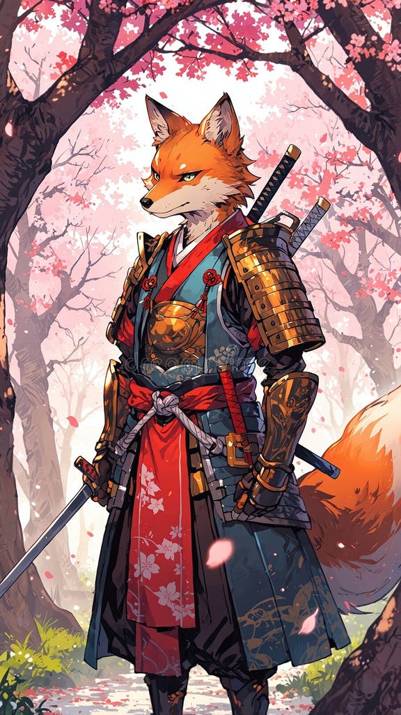 Anime Samurai Fox in Full Armor Standing Confidently Under Cherry ...