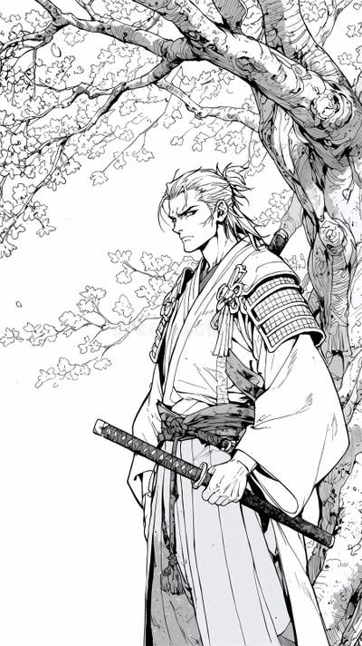 Anime Samurai Standing Under a Cherry Blossom Tree Coloring Page Stock ...