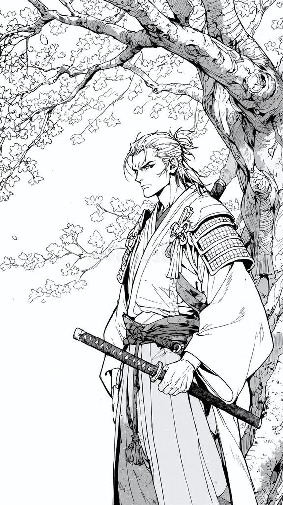 Anime Samurai Standing Under a Cherry Blossom Tree Coloring Page Stock ...