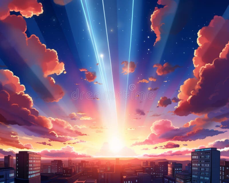 An Anime Scene of the Sun Rising Over a City Stock Illustration ...