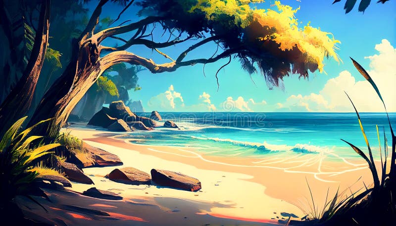 Anime Sea Sandy Beach with Tree. Generative AI, Generative, AI Stock ...