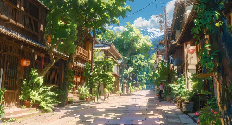 Scenic Anime Street Lined with Lush Green Trees Stock Illustration ...